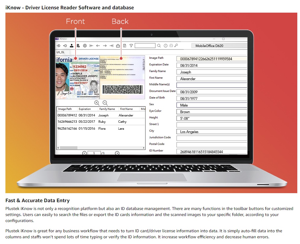 Plustek Driver License & ID card Scanner Reader D620 iknow , Software ...